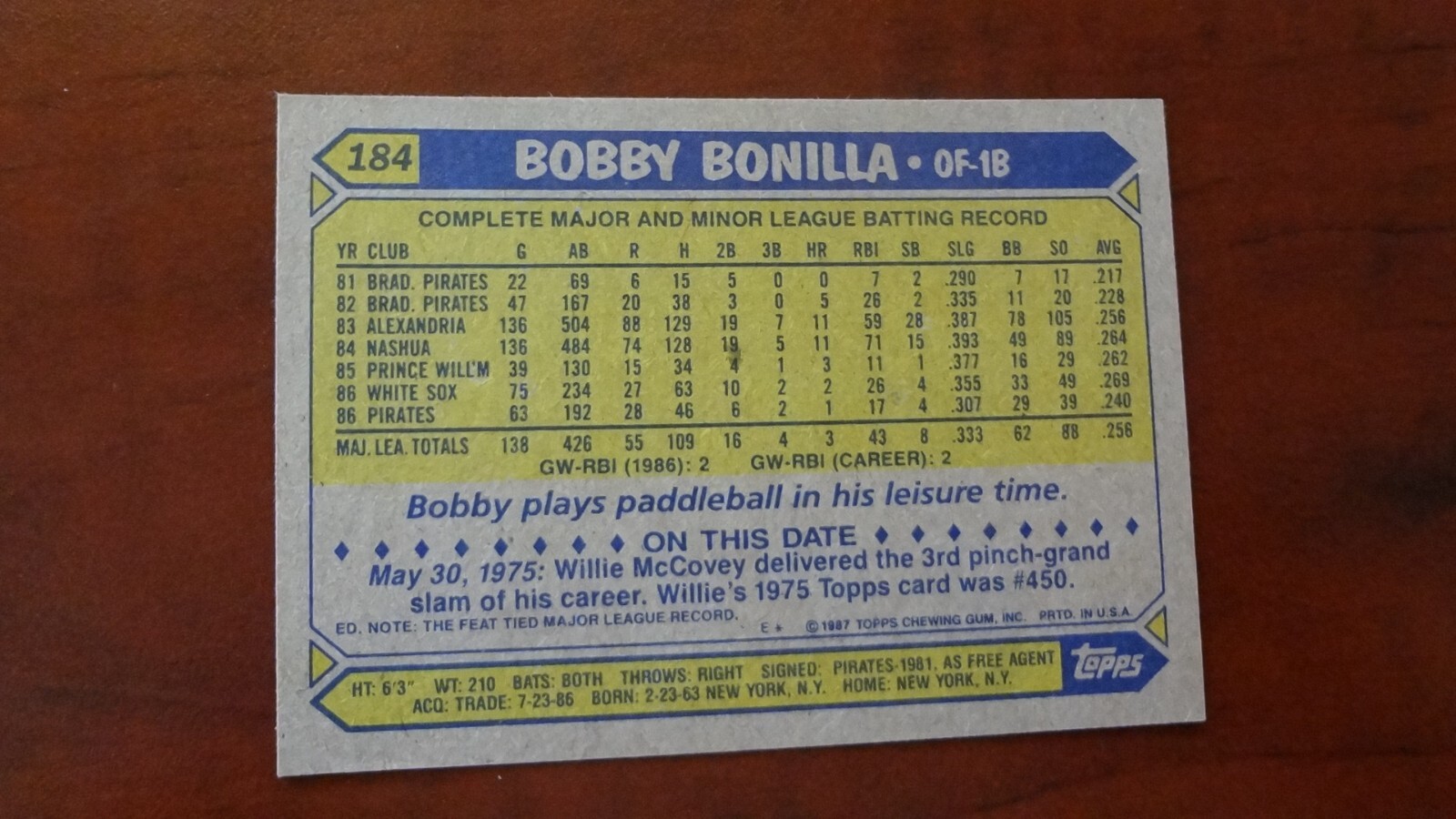 1987 TOPPS # 184 BOBBY BONILLA BASEBALL CARD | eBay
