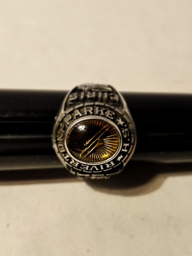 VTG MENS CLASS RING, JLS, SZ 9.75, SILVERTONE, GOLD STONE W/INSTRUMENT ...