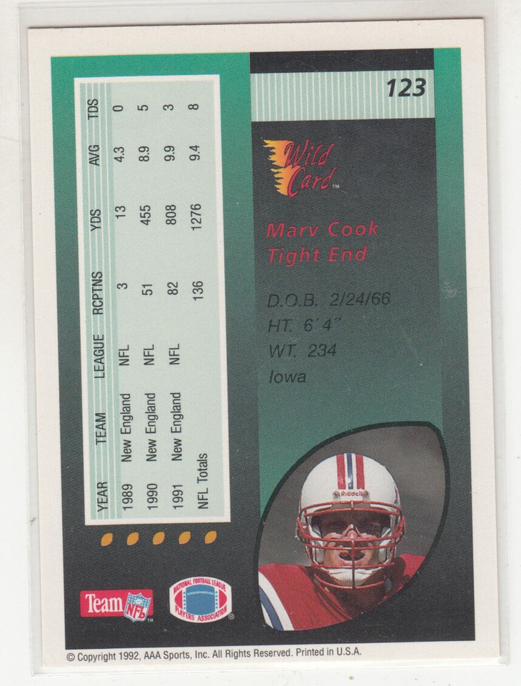 MARV COOK 1992 Wild Card NFL #123 Parallel 10 Stripe New England ...
