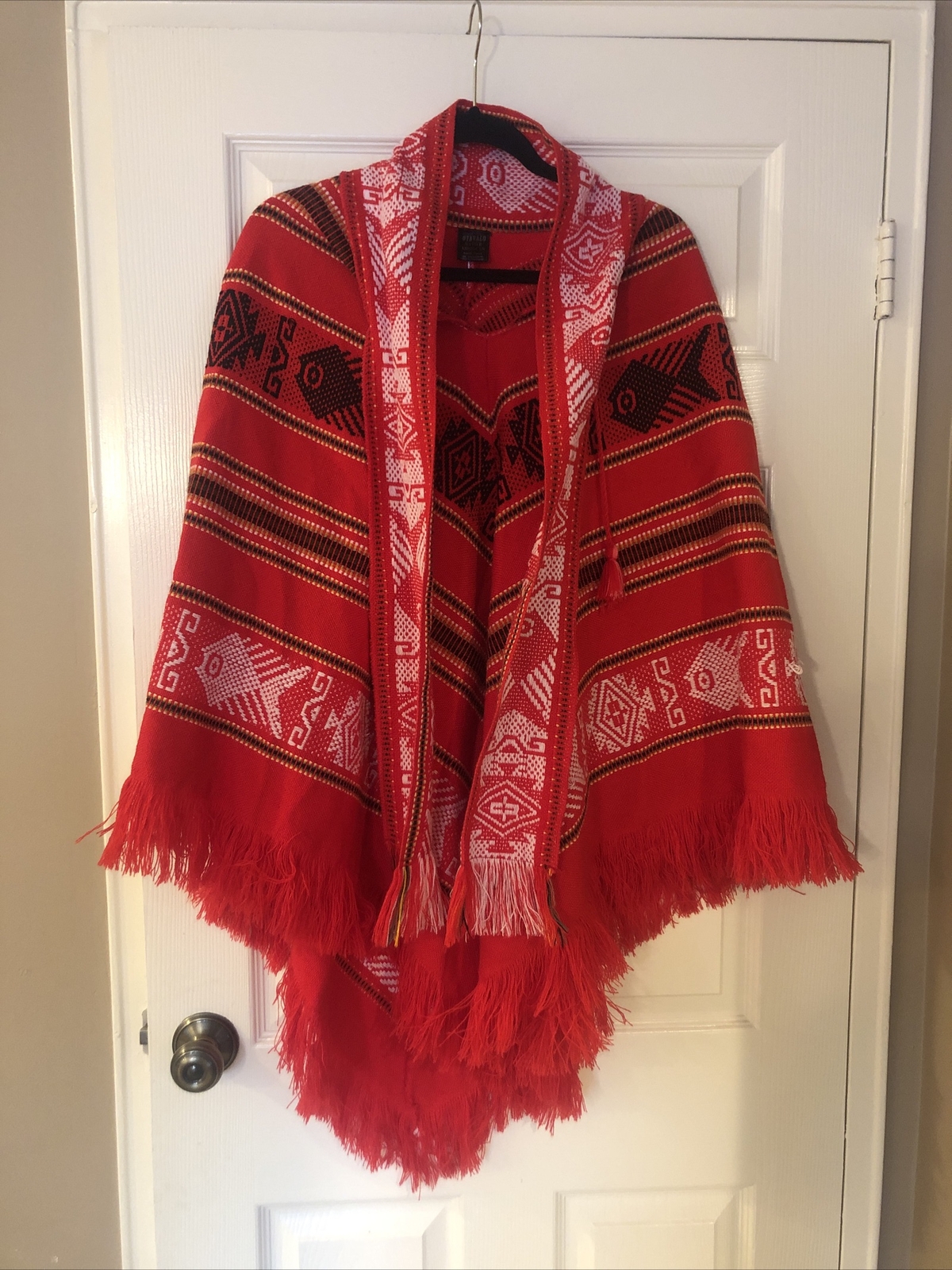 Otavalo red black wool poncho cape w/ fringe one size… - Gem