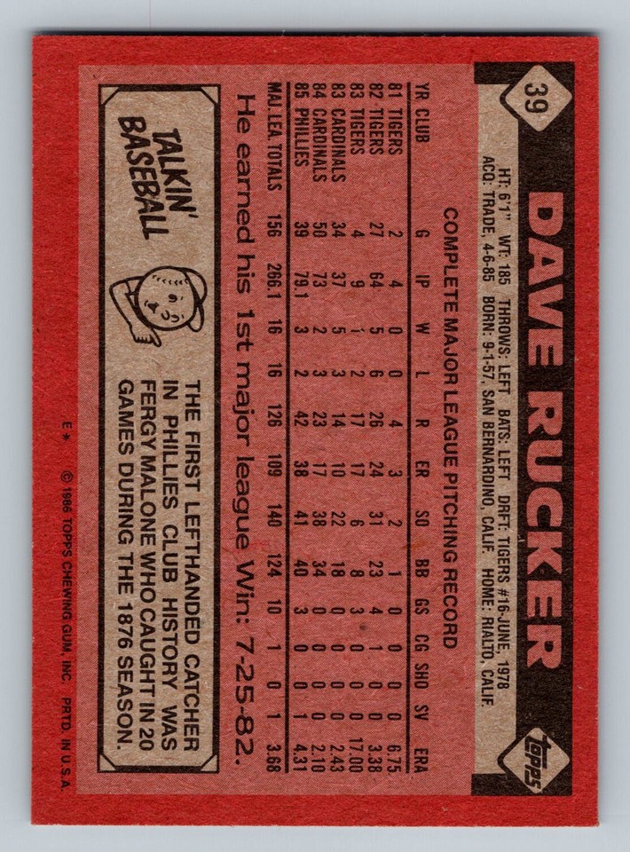 1986 Topps #39 Dave Rucker Philadelphia Phillies | eBay