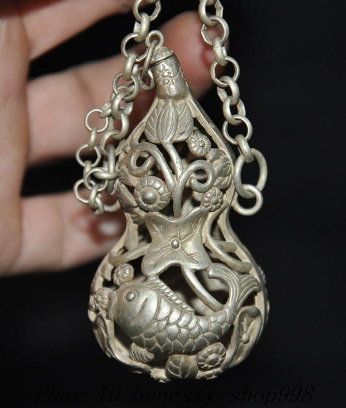 4.4'' Chinese Ancient Tibetan silver lotus goldfish statue Gourd Sachet ...