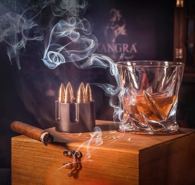 6 XL GOLD Stainless Steel Whiskey Bullets Drink Cooler in Revolver Base ...