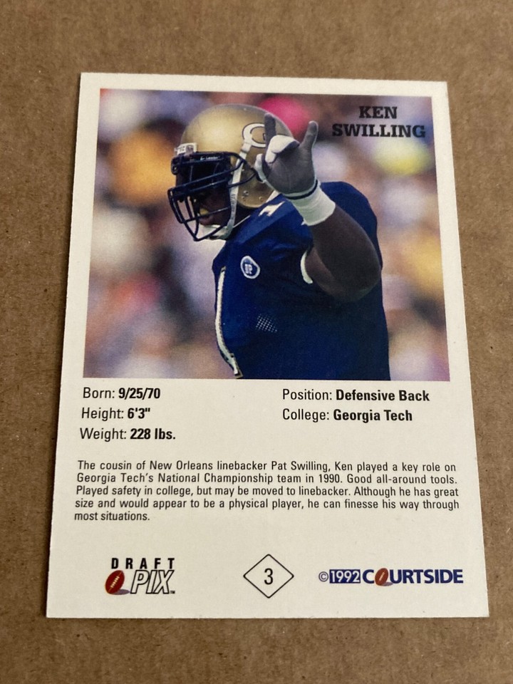 ⭐ KEN SWILLING RC ⭐ 1992 Courtside Draft Pix #3 - Georgia Tech / BUCS ...