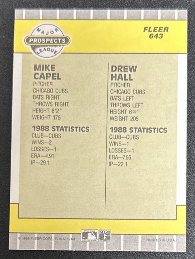 1989 Fleer Mike Capel / Drew Hall Major League Prospects Rookie Card ...