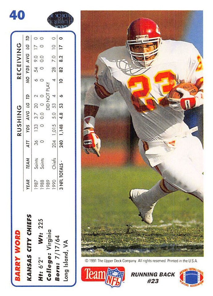 Barry Word 1991 Upper Deck 40 Kansas City Chiefs Football Card | eBay