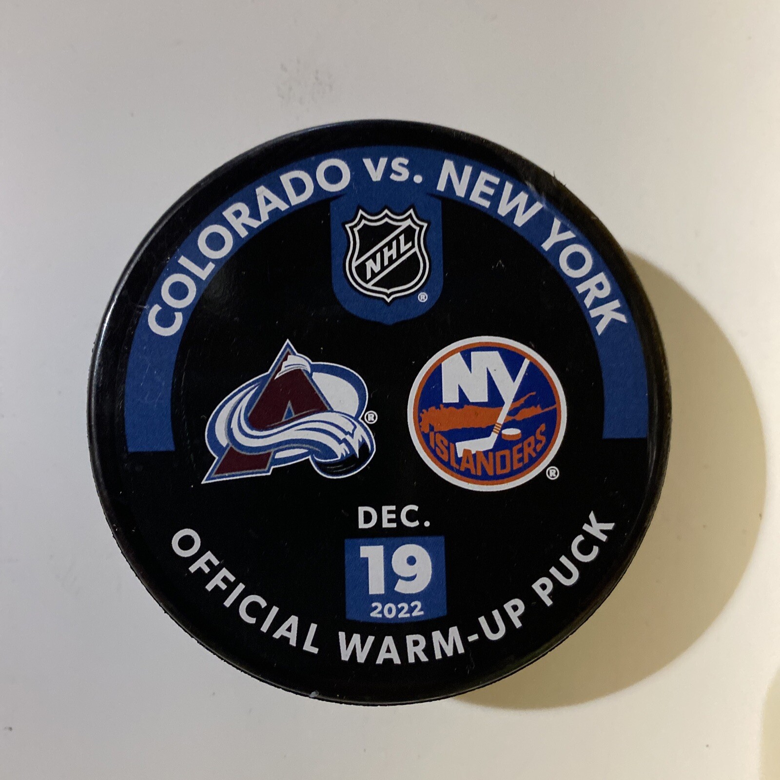 Game Used Colorado Avalanche Offical Warm-Up Puck Vs. Islanders 12/19 ...
