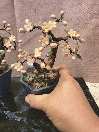 Glass Tree Pair VTG Jade Cherry Blossom Flower Bonsai Celadon Pot Japan ...