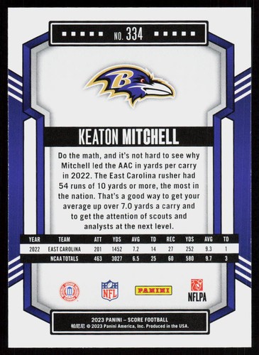 2023 Score Keaton Mitchell #334 FOOTBALL CARD Baltimore Ravens RC | eBay