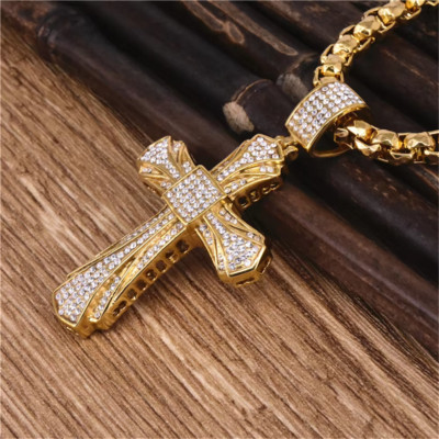 55cm Iced Out Bling Big Cross Pendant Male Gold Color Stainless Steel ...