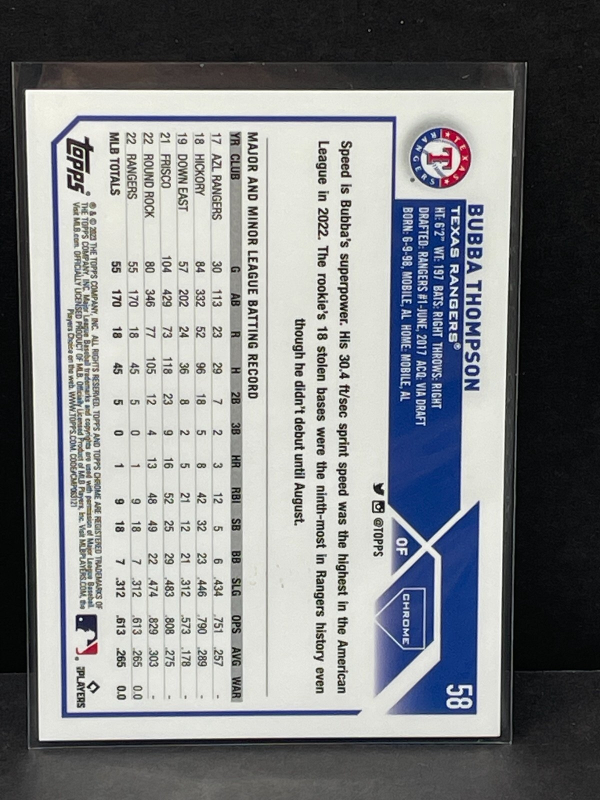 2023 Topps Chrome Aqua Refractor 58 Bubba Thompson #/199 Rookie RC ...