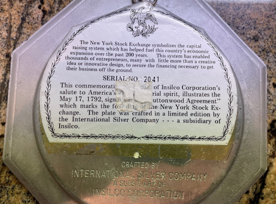 Buttonwood Agreement 1792 New York Stock Exchange Established Pewter ...