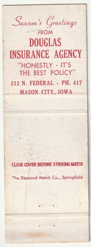 MATCHBOOK COVER - DOUGLAS INSURANCE AGENCY - MASON CITY IOWA ...