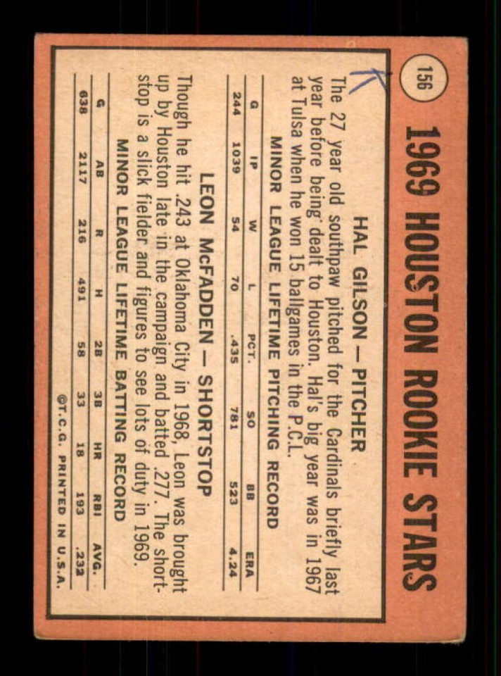 1969 Topps #156 Hal Gilson/Leon McFadden VG/VGEX RC Rookie Astros ...