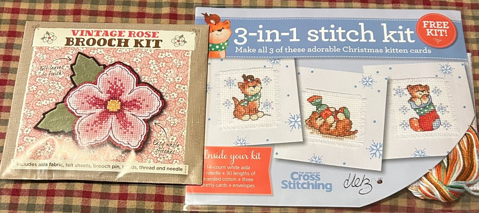 3-in-one stitch kit, 3 Christmas Kitten Cards + Vintage Rose Brooch Kit ...