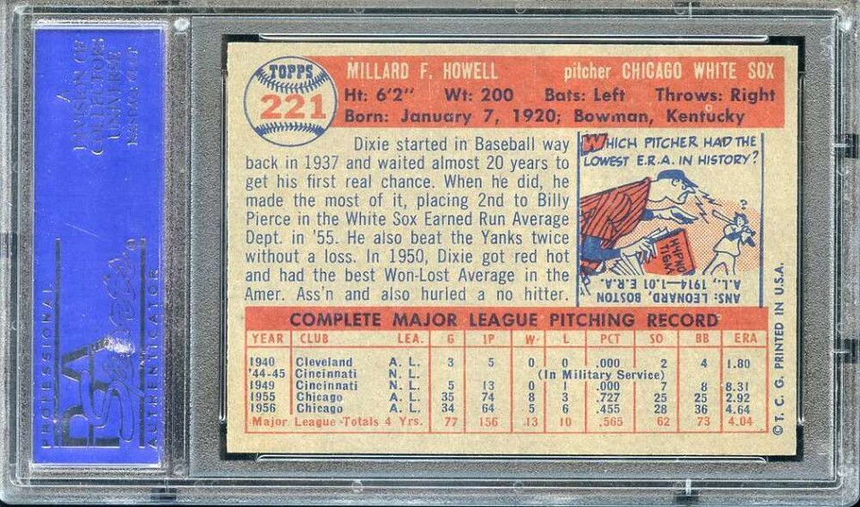 1957 TOPPS #221 DIXIE HOWELL PSA 8 WHITE SOX | eBay