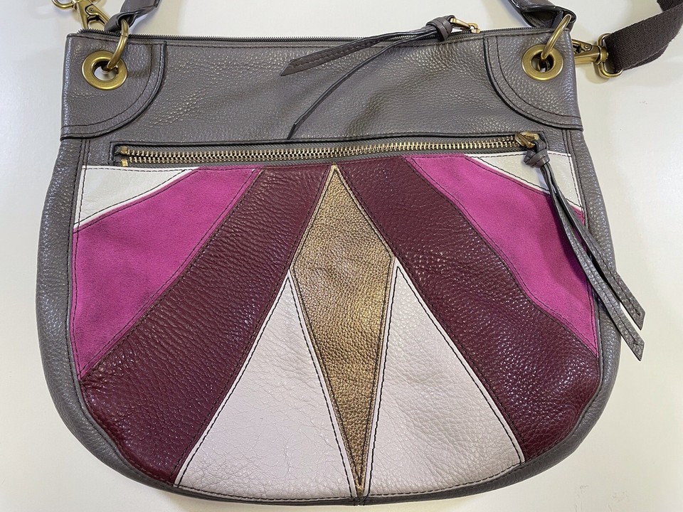 Fossil Leather Handbag Medium Size Gray w/Purples, Cream 2 Handle Strap ...