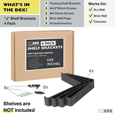 Heavy Duty Steel Floating Shelf Brackets, J Bracket with Lip- 6 x 7.25 ...