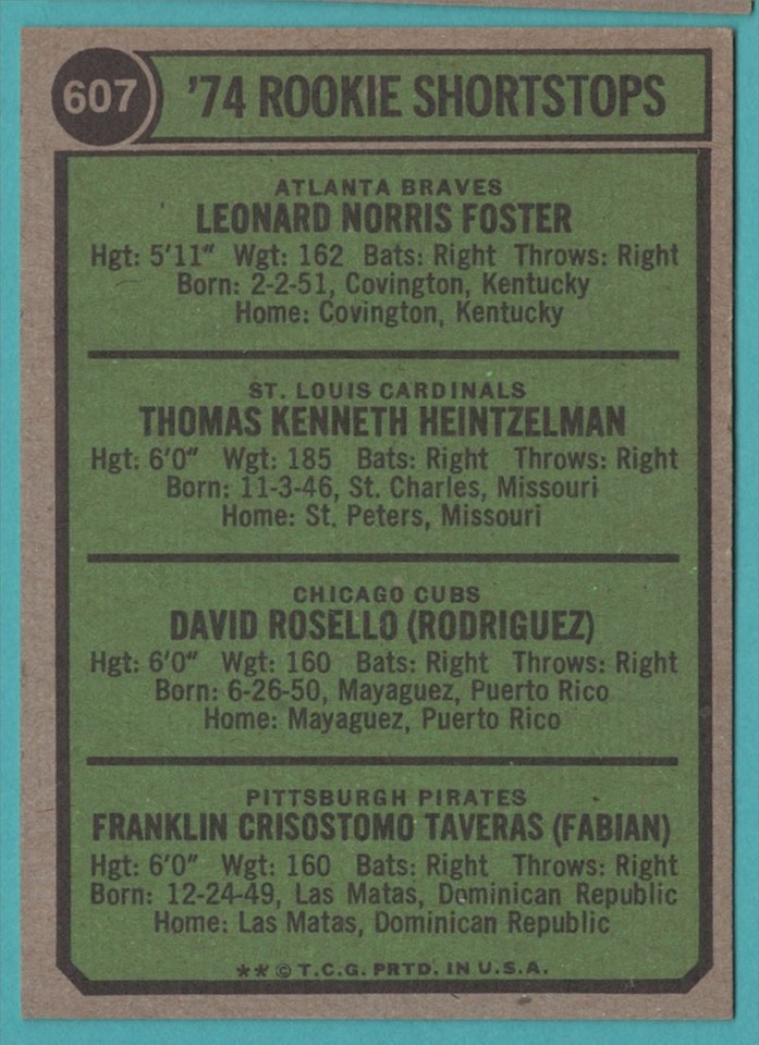 1974 Topps Rookie Shortstops - Leo Foster/Tom Heintzelman/Dave Rosello ...