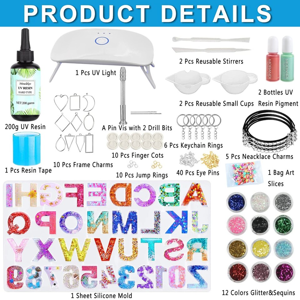UV Resin Kit with Light and Alphabet Resin Molds for Beginners, 7oz UV ...