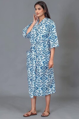 New Indian Cotton Blue Check Kimono Bath Robes Night Maxi Gown Kimono ...