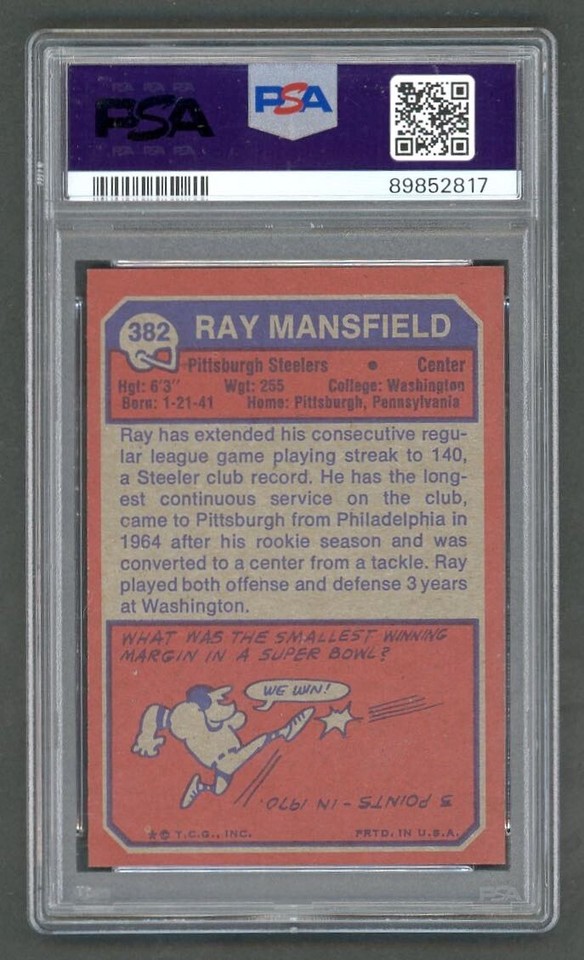1973 Topps Football #382 Ray Mansfield PSA 6 EX-MT Pittsburgh Steelers ...