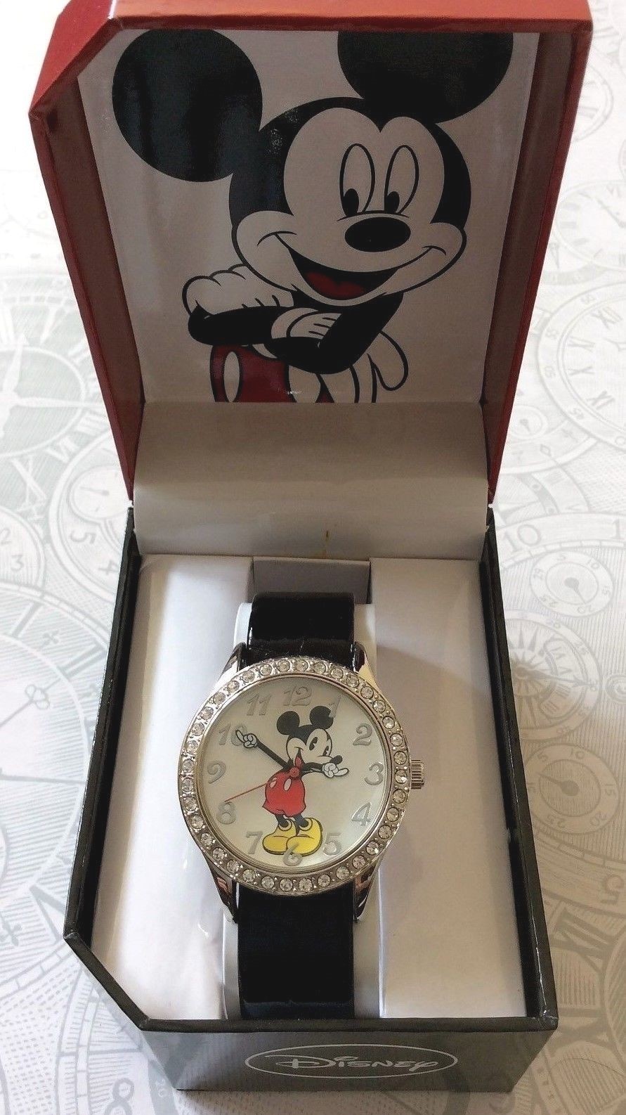 Disney Mickey Mouse Watch Crustal Bezel Round White Dial Molded Hands ...