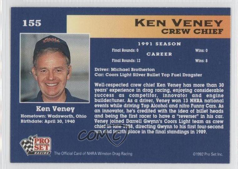 1992 Pro Set NHRA Crew Chief Ken Veney #155 | eBay