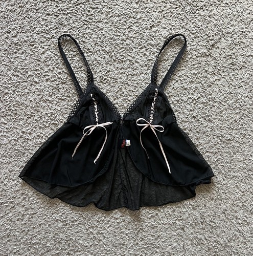 Vintage 90s Y2K Cami Black Small Lingerie Crop Lace Up Babydoll Nylon ...