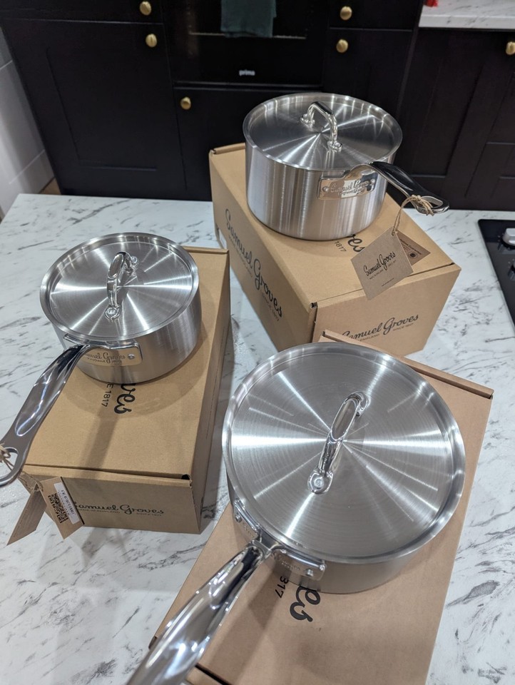 Pan Set: 3 Pc Samuel Groves Tri-Ply Stainless Steel Easy To Clean ...
