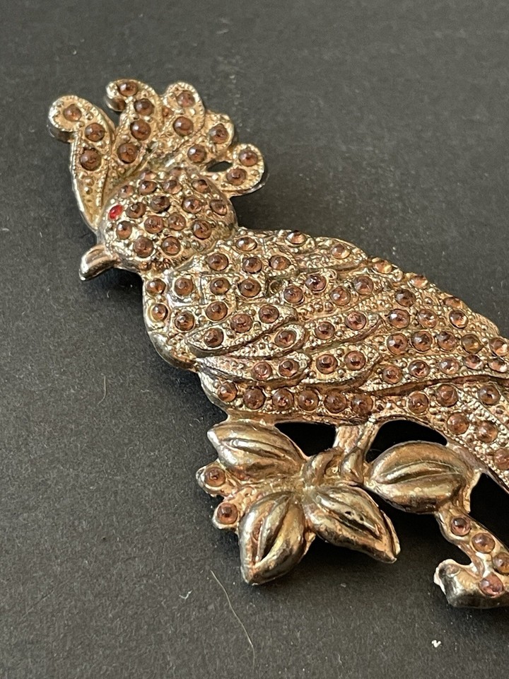 Vtg 1940’s Unsigned CORO Bird Cockatoo Parrot Brooch Rhinestone 5” Pin ...