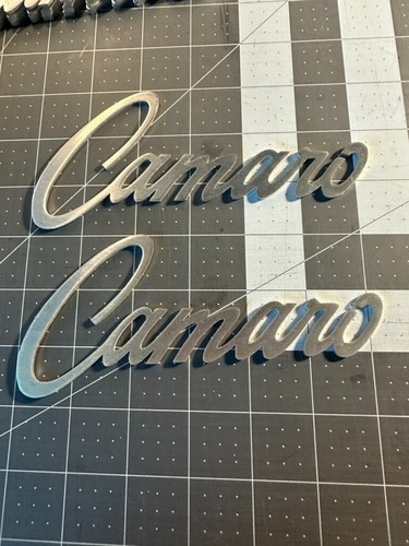Pair of raw laser cut Aluminum Camaro script fender emblems brushed 69 ...