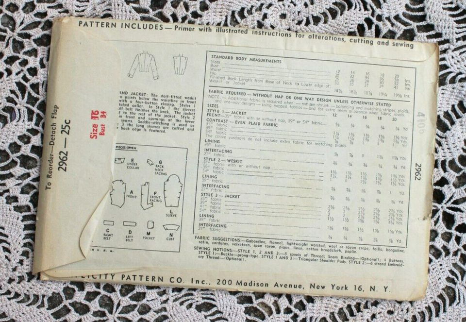 Org Vintage 1949 Simplicity 2962 Pattern Weskit (Vest) & Jacket Sz 16 ...