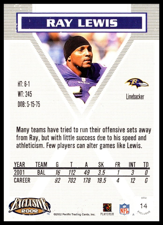 2002 Pacific Exclusive RAY LEWIS #14 Baltimore Ravens 🔥 | eBay