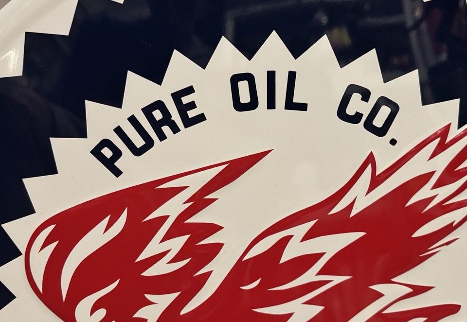VTG PURE OIL FIREBIRD RACING GASOLOINE Metal Sign 24" Rd Made in USA by ...