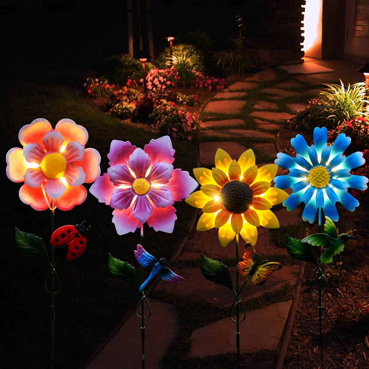 Solar Garden Stakes Lights Outdoor Decor 4 Pack Waterproof Metal Art ...