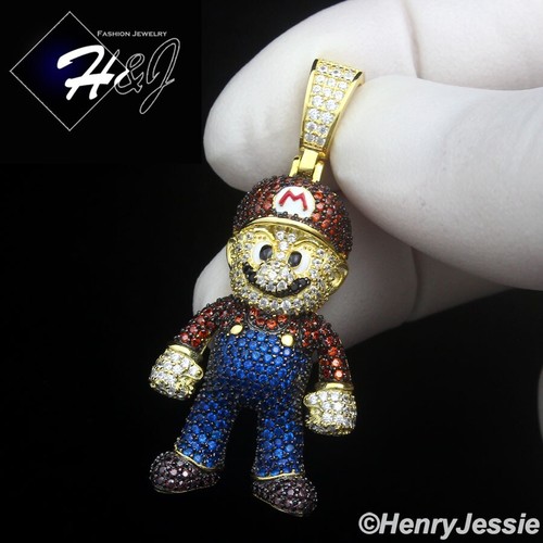 925 STERLING SILVER ICY CZ GOLD PLATED/SILVER HIPHOP 3D SUPER MARIO ...