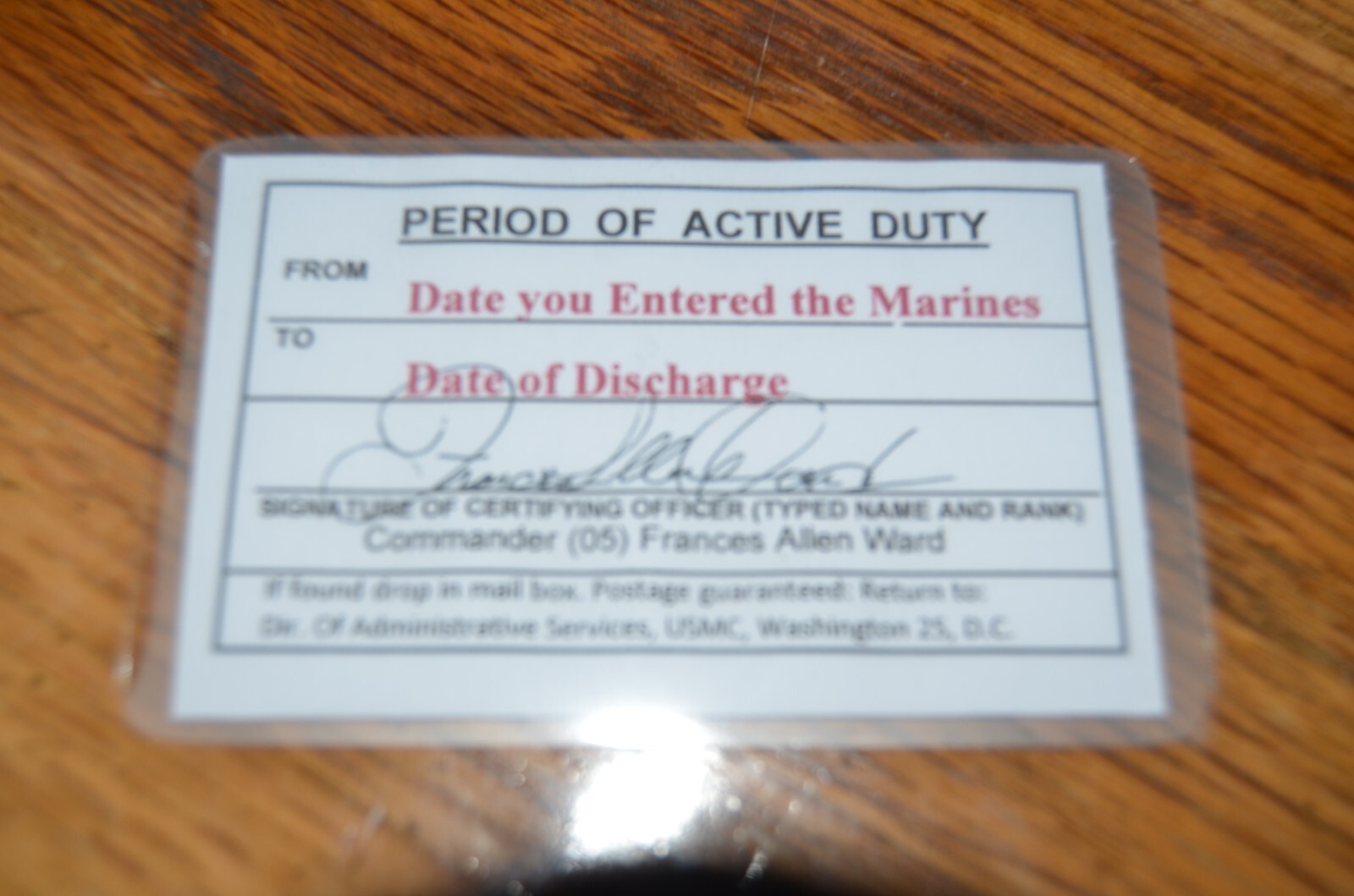 United States Marine Corps Honorable Discharge Laminated Card 2 1/8 X 3 ...