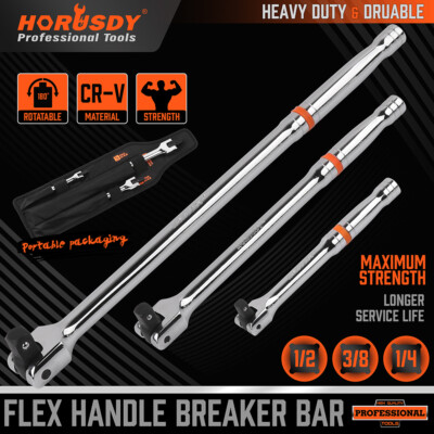 3PC Flexi Head Knuckle Power Breaker Bar Wench Set 1/2 3/8 1/4 Drive 15 ...