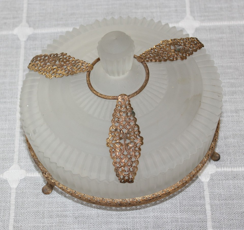 Hocking QUEEN MARY Frosted Glass Footed Candy Dish Brass Ornate ...