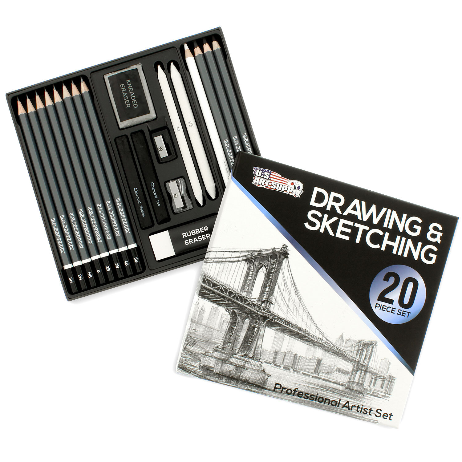 20 Piece Artist Drawing & Sketching Set with Pencils, Charcoal, Stumps ...