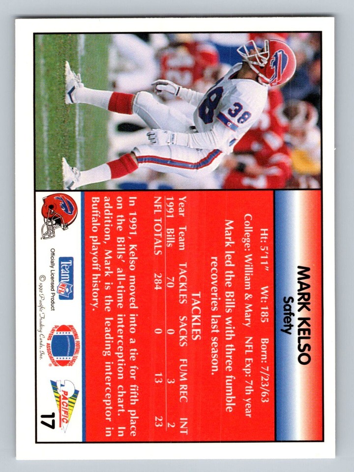 Mark Kelso 1992 Pacific #17 Buffalo Bills | eBay