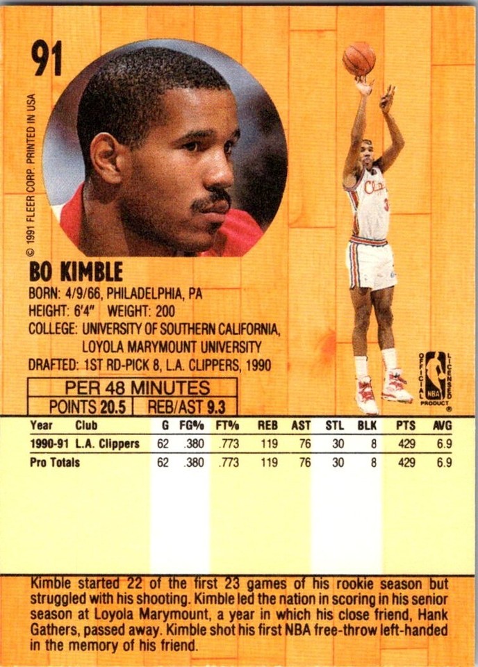1991-92 Fleer Bo Kimble #91 Los Angeles Clippers ROOKIE RC | eBay