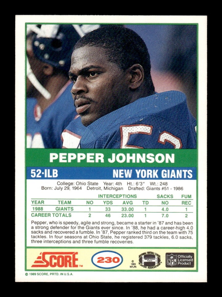 1989 Score #230 Pepper Johnson | eBay