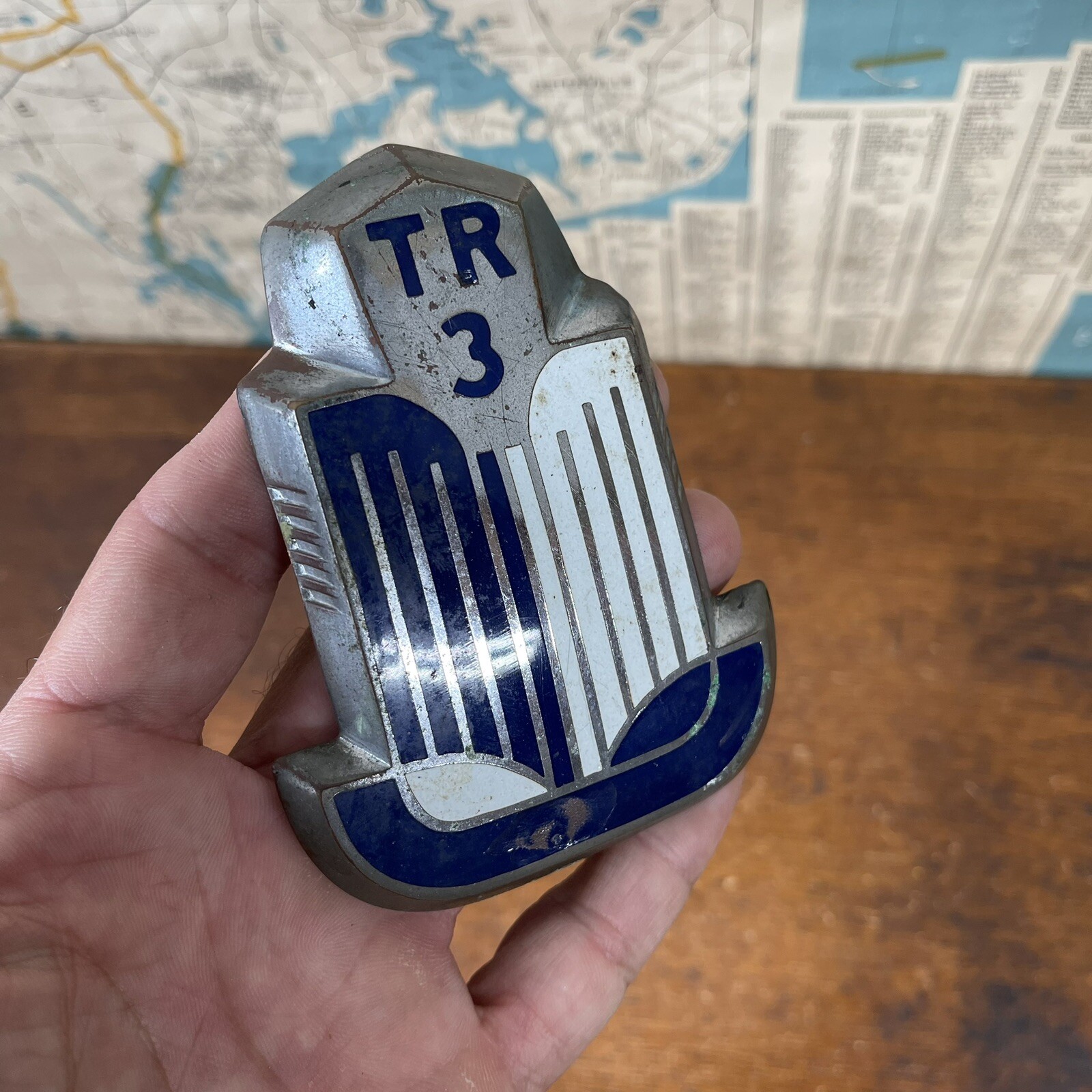 VINTAGE TRIUMPH TR3 BLUE ENAMEL METAL EMBLEM BADGE OEM... All Original ...