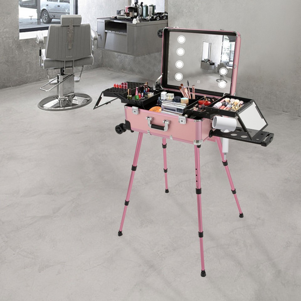 Rolling Makeup Train Case Travel Cosmetic Trolley Organizer w/LED Light ...
