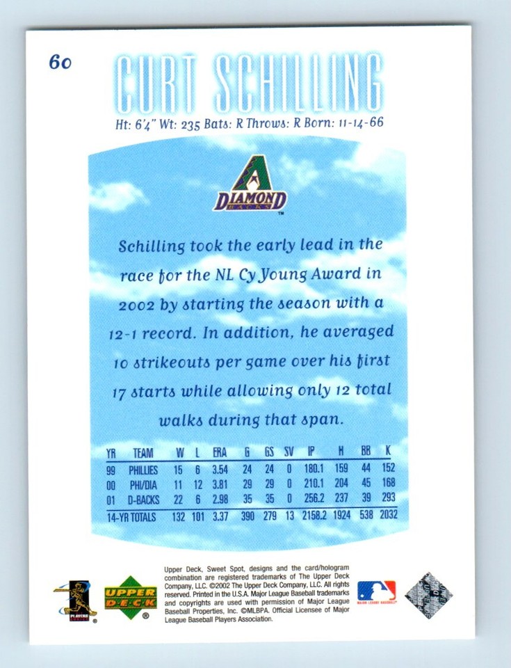 2002 Upper Deck Sweet Spot Curt Schilling Arizona Diamondbacks #60 | eBay