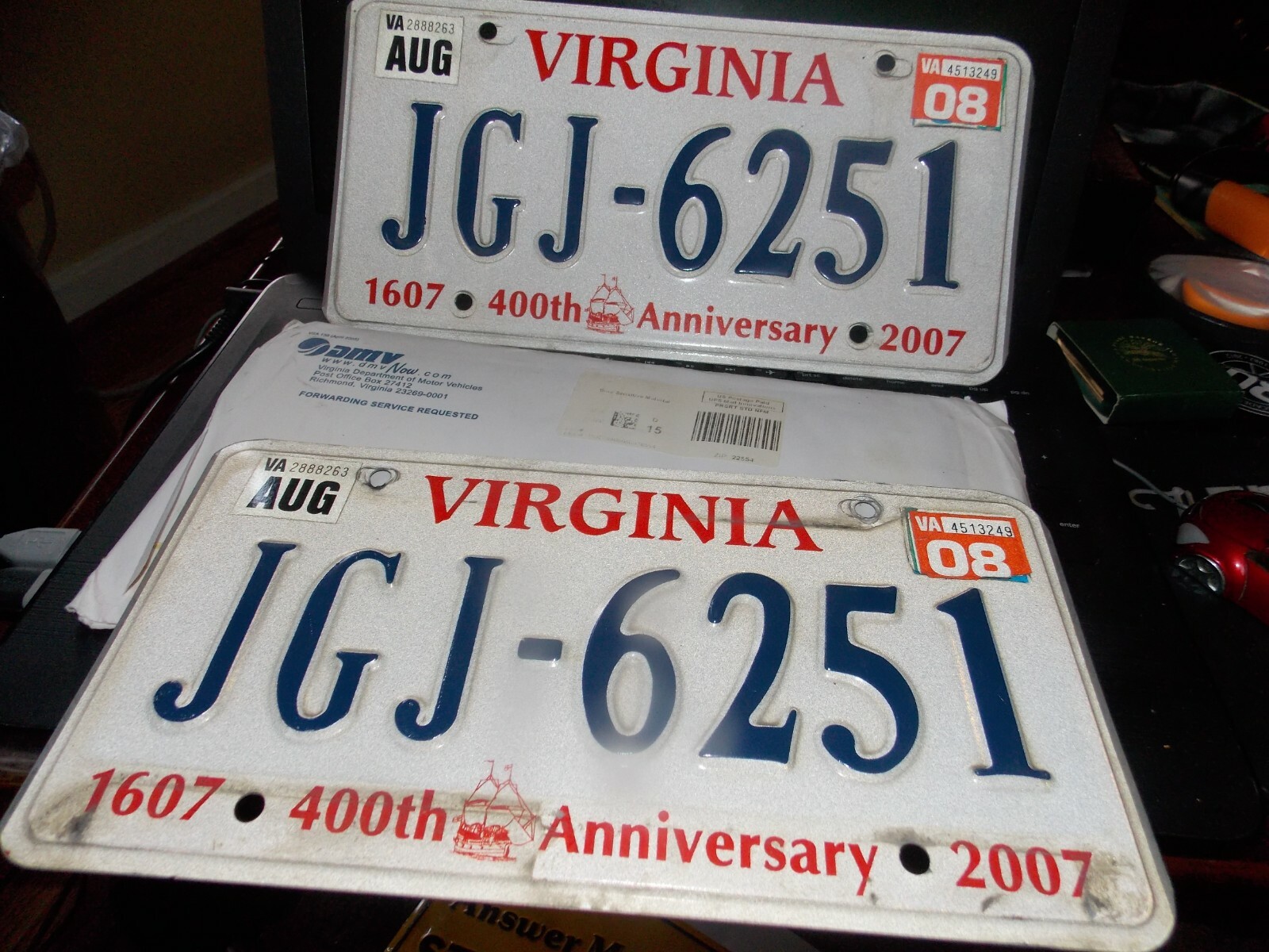 2 Matching 2008 Virginia License Plates 400th Anniversary plates JGJ ...