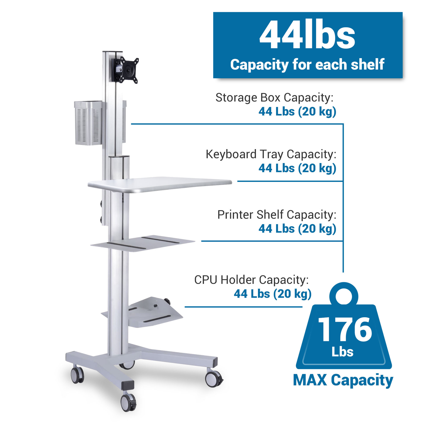 Aluminum PC Mobile Cart 4 Wheel Computer Monitor Stand Office ...