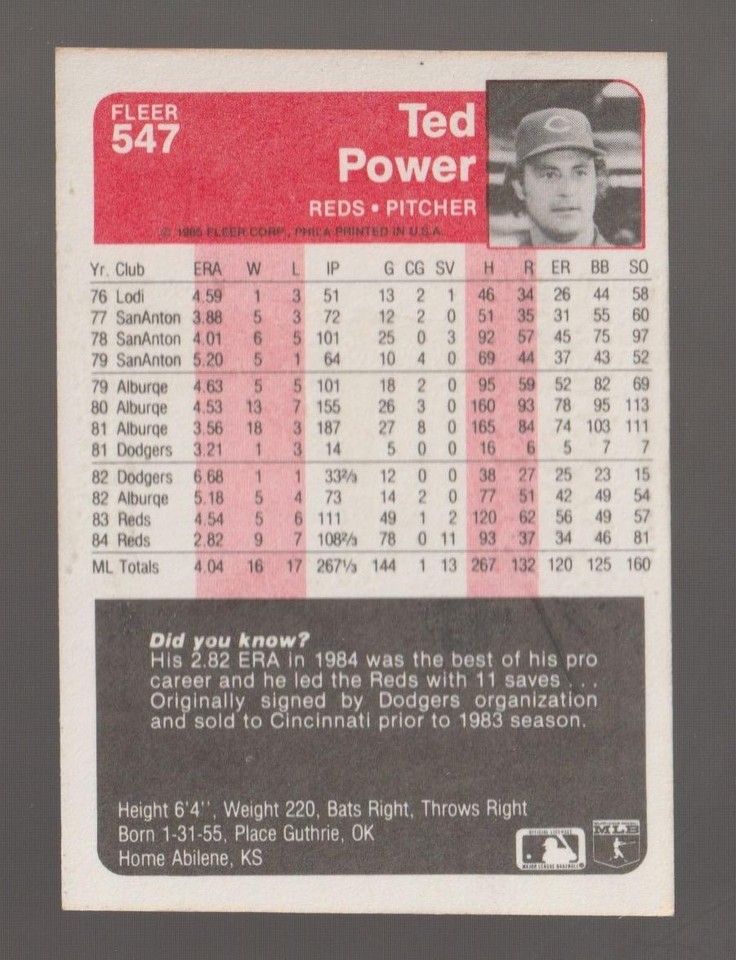 1985 Fleer Ted Power Cincinnati Reds #547 Near Mint or Better | eBay